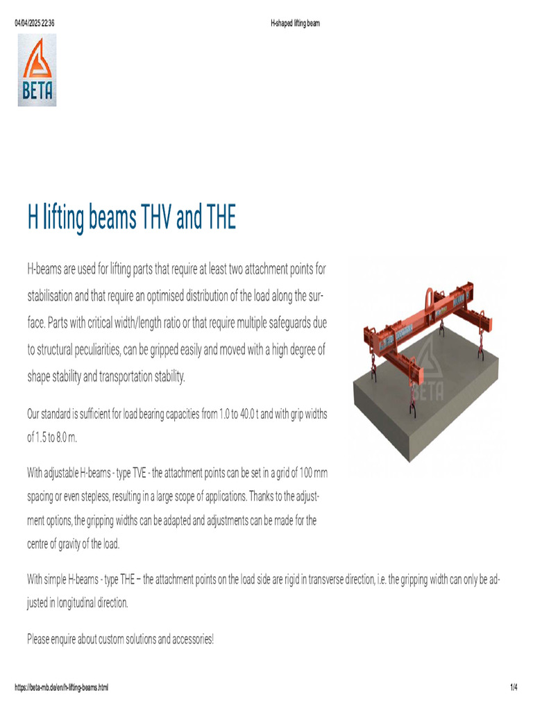 H-Shapped Adjustable Lifting Beam With 4 Hooking Points Catalogue | PDF