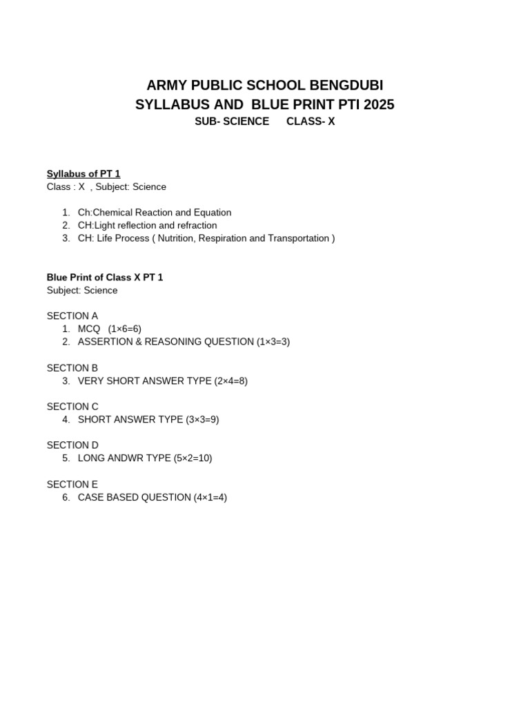 Science Blue Print and Syllabus Class X PT1 | PDF