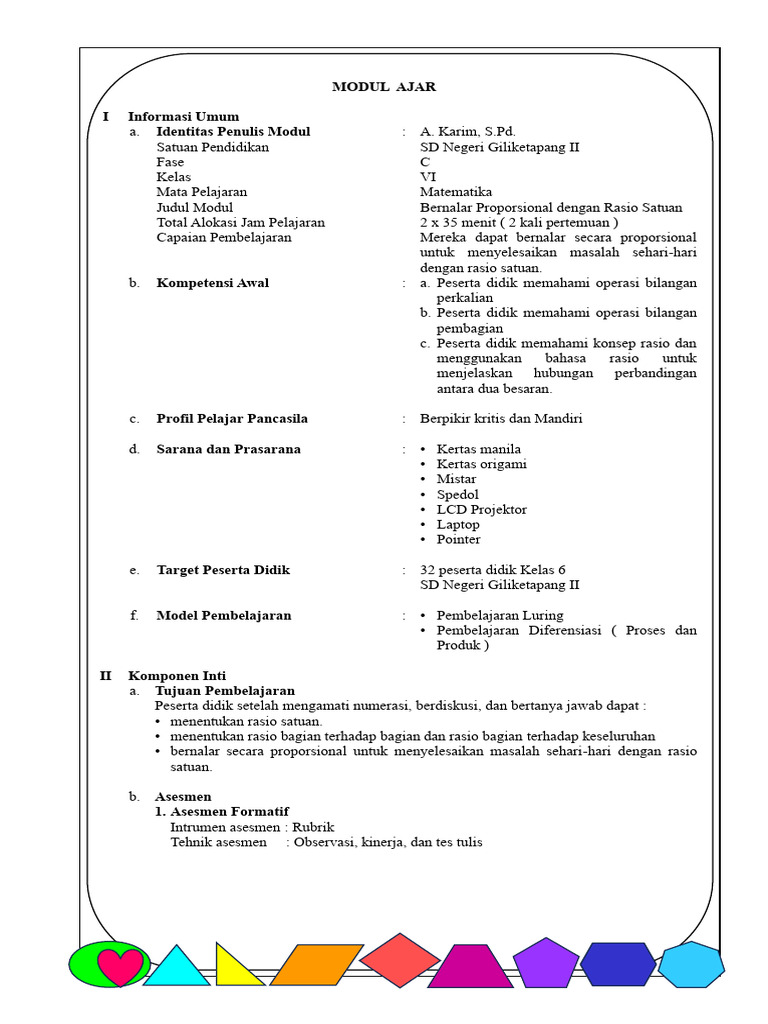 Modul Ajar Rasio Satuan Matematika VI | PDF