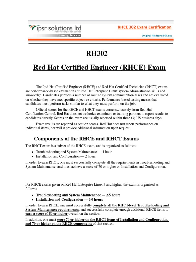 RH302 Red Hat Certified Engineer (RHCE) Exam: Components of The RHCE and RHCT Exams | PDF ...