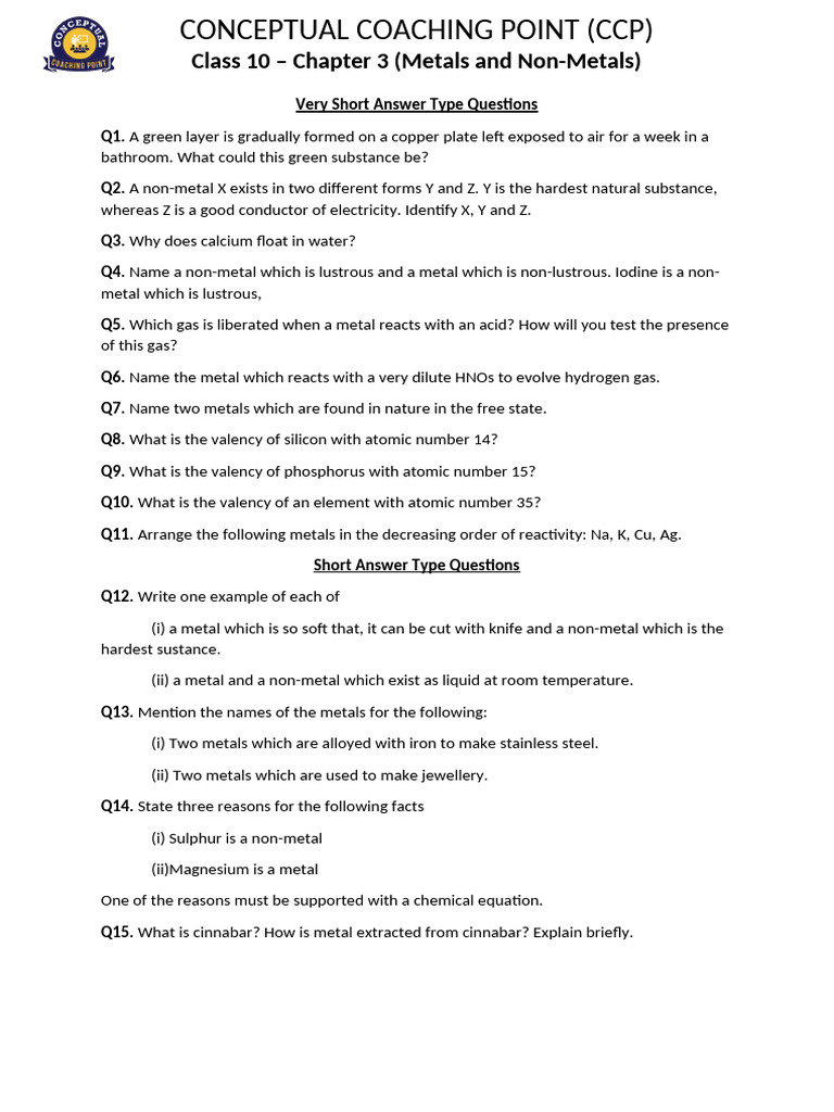 Metals and Non-Metals (Ch3) - Imp Ques | PDF | Chemical Compounds | Metals