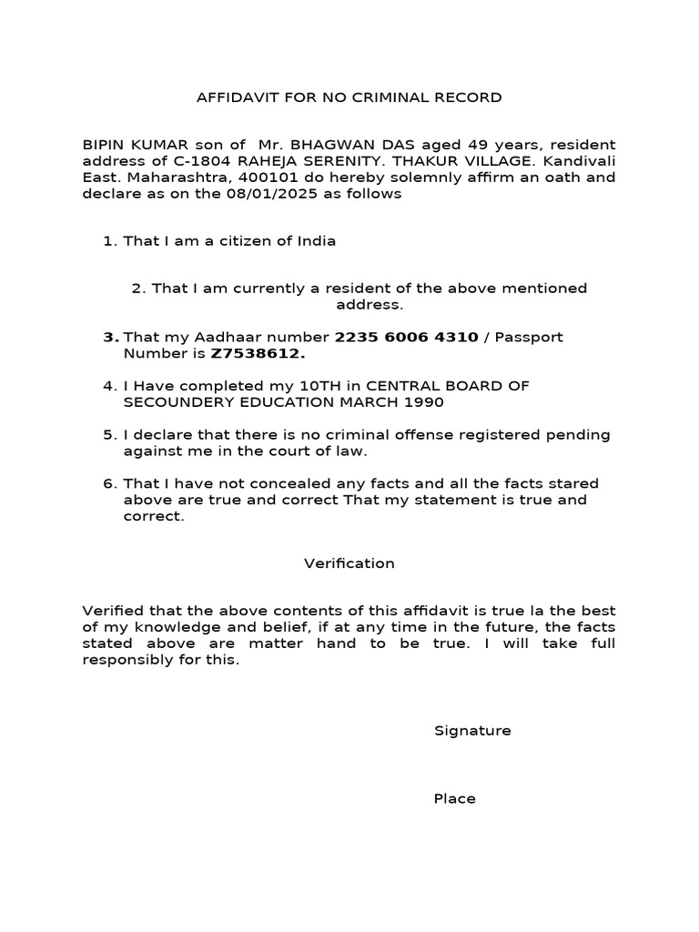 Affidavit For No Criminal Record | PDF