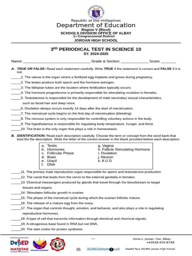 Science 10 Periodical Test Guide | PDF | Luteinizing Hormone ...
