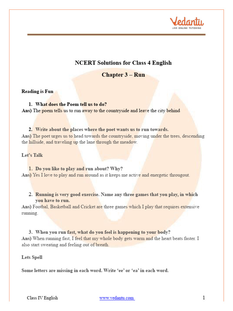 NCERT Solutions For Class 4 English Marigold (Poem) - Run | PDF