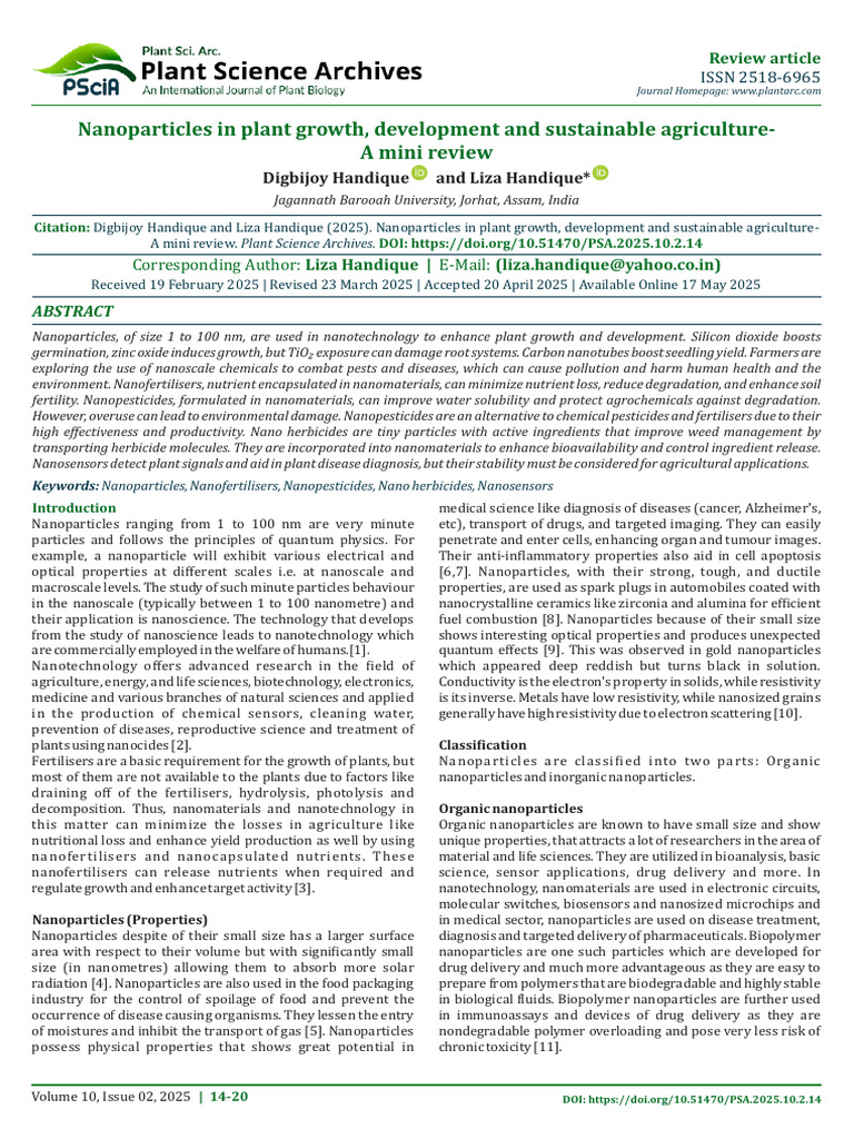 Nanoparticles in Plant Growth Development and Sustainable Agriculture A Mini Review | PDF ...