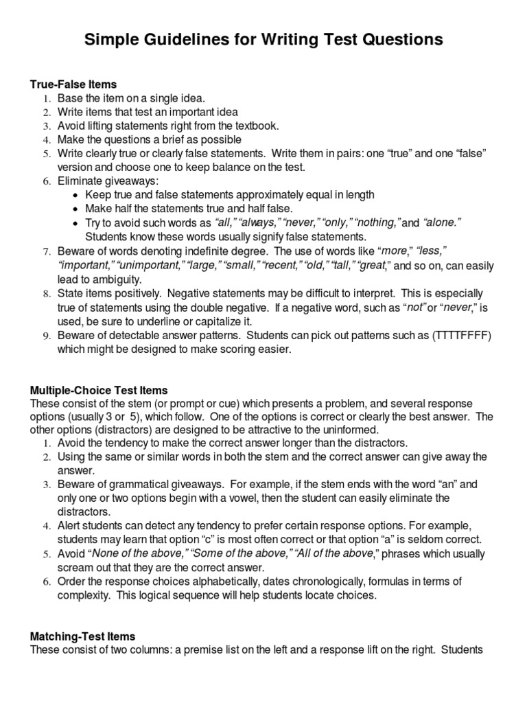 Simple Guidelines For Writing Test Questions | PDF | Question ...