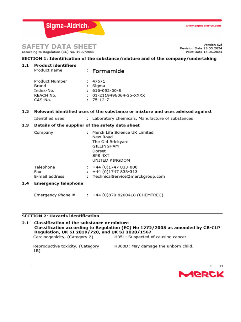 Formamide SDS 47671 2024 | PDF | Dangerous Goods | Toxicity