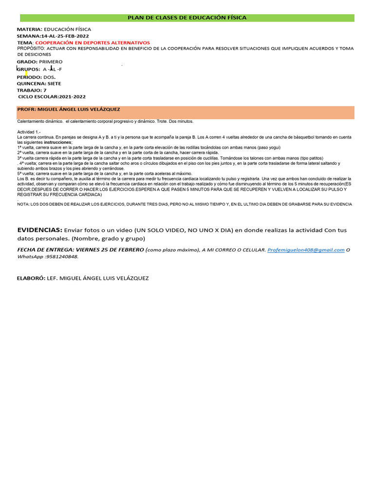 Plan Educ. Fis. Trabajo 7 | PDF