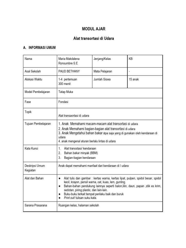 Modul Ajar Kendaraan Udara untuk PAUD | PDF