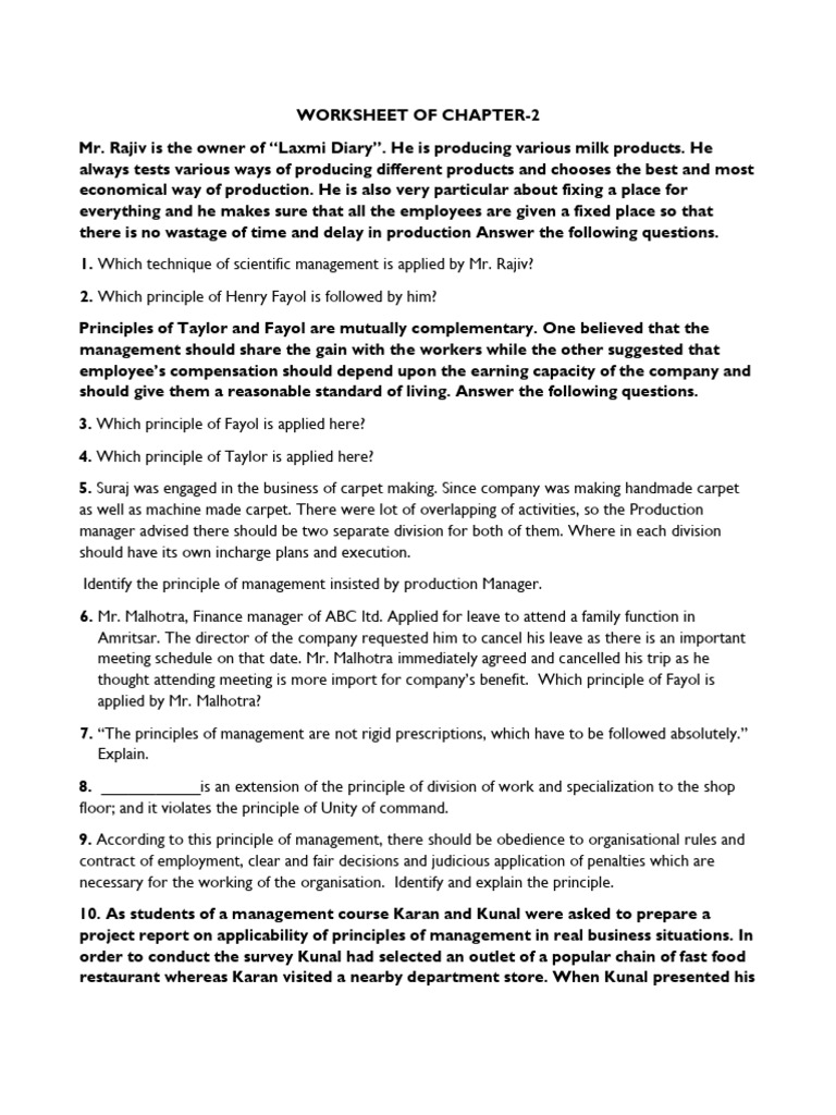 Worksheet of Principles of Management | PDF | Business