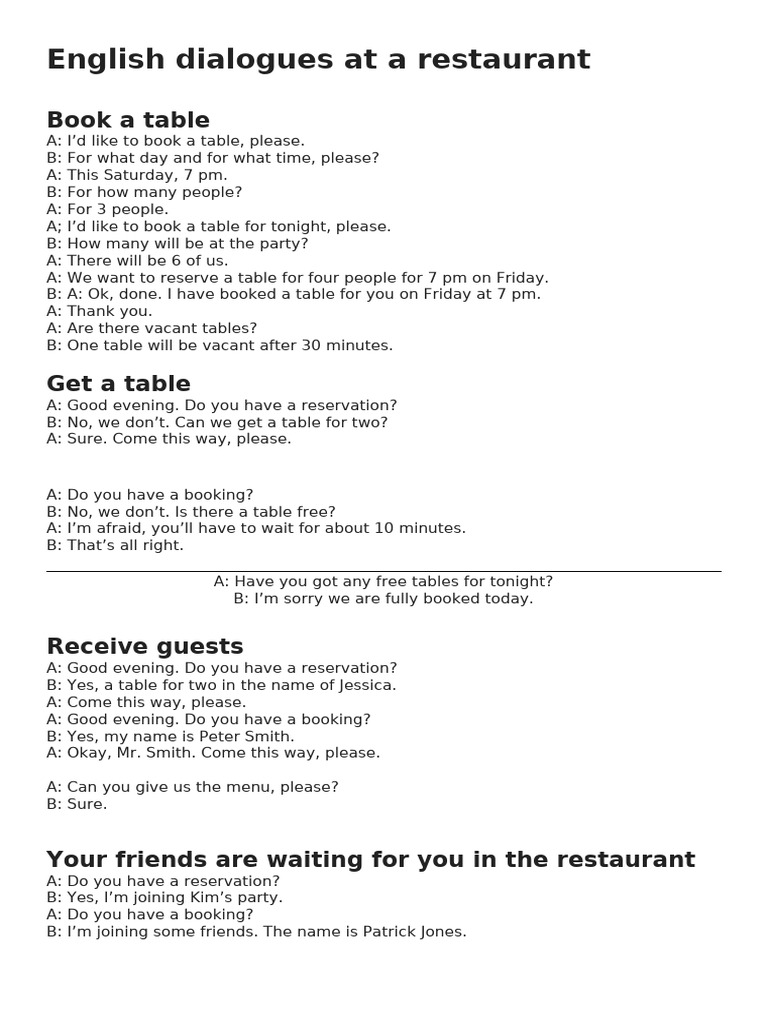English Dialogues at A Restaurant | PDF | Cooking | Foods