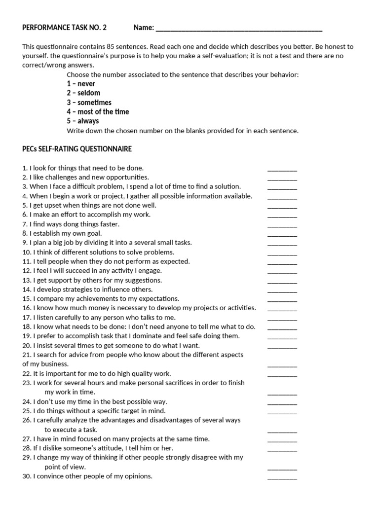 PECs Self-Rating Questionnaire Guide | PDF | Goal | Cognitive Science