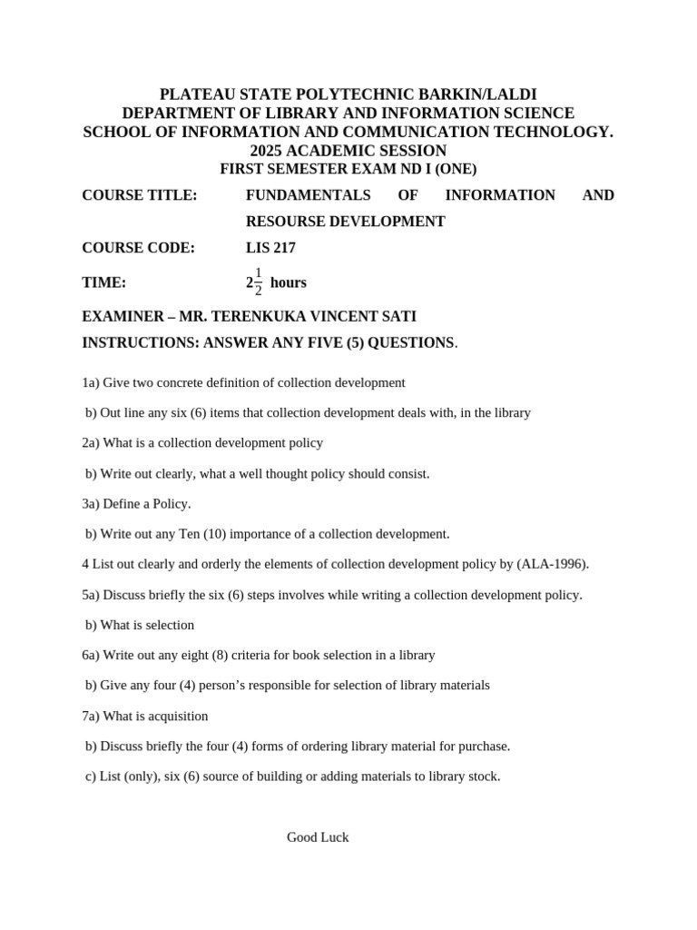 Plateau State Polytechnic Barkin | PDF