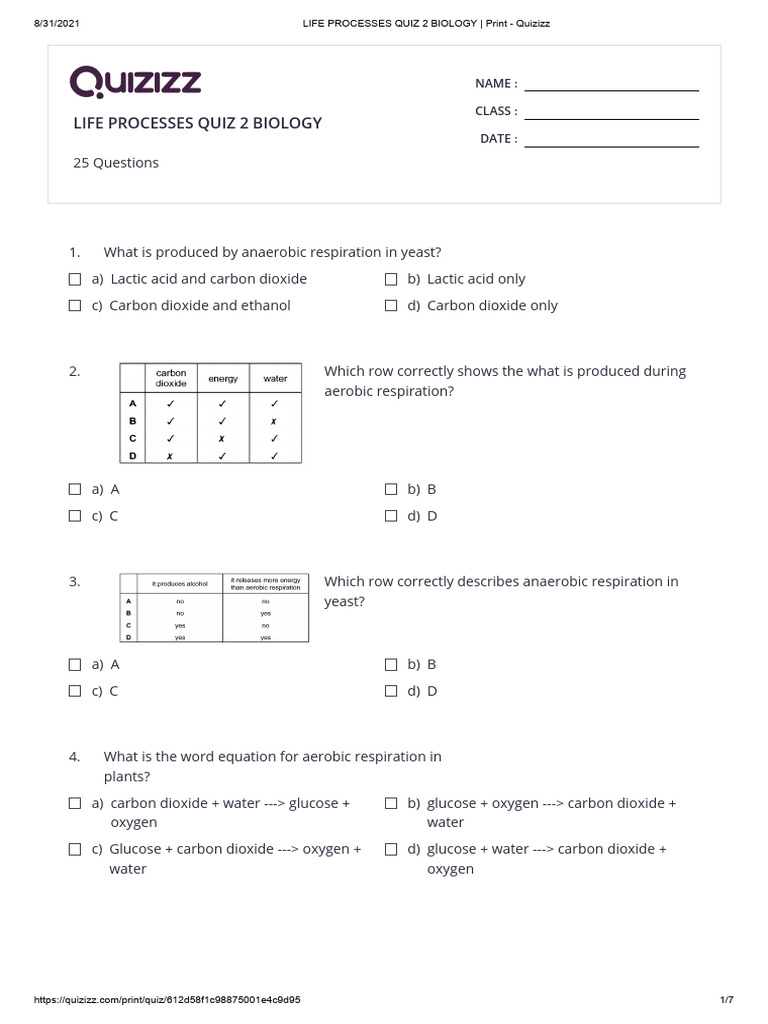 Life Processes Quiz 2 Biology - Print - Quizizz | PDF | Cellular ...