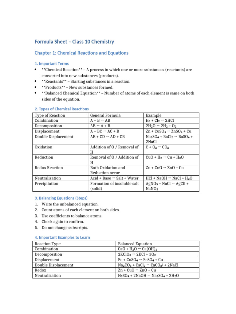 Class 10 Chemistry Ch1 Formula Sheet | PDF | Redox | Chemical Reactions