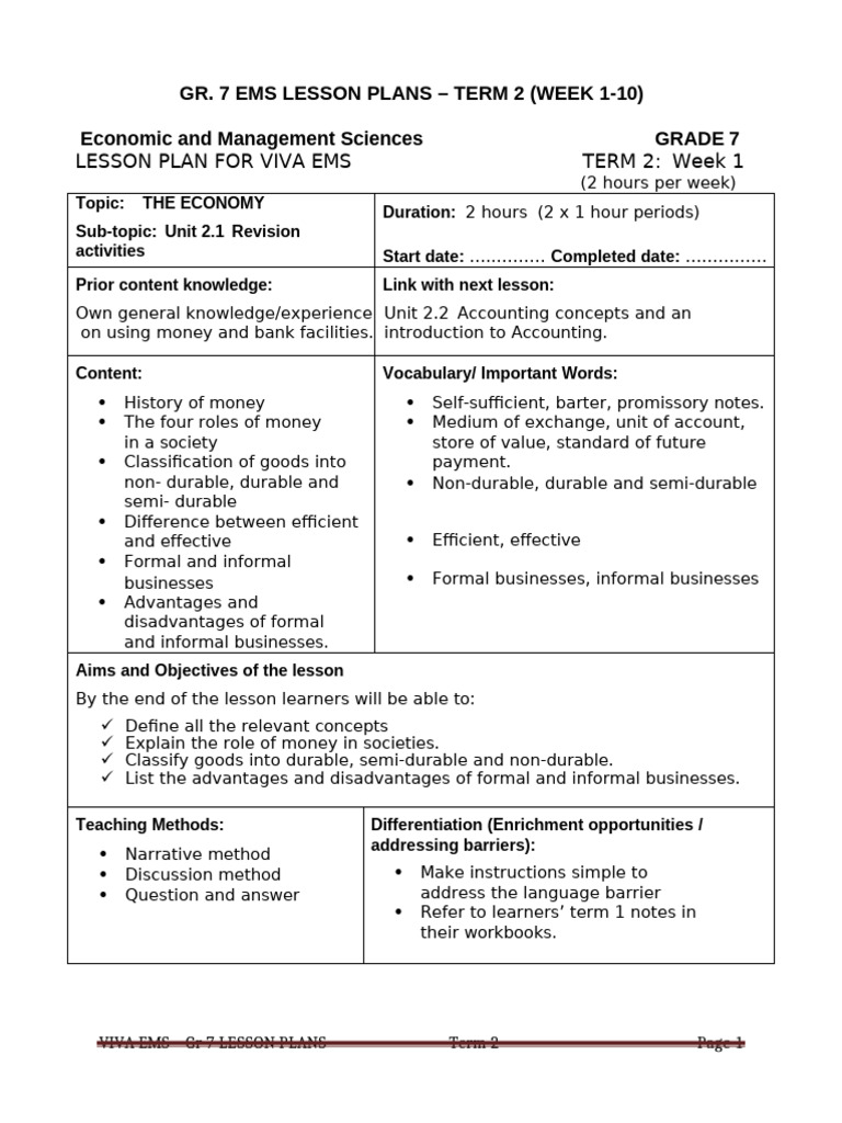 Gr 7 EMS Term 2 Lesson Plans | PDF | Lesson Plan | Budget