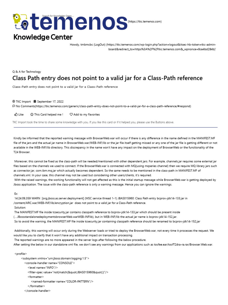 Class Path Entry Does Not Point To A Valid Jar For A Class-Path Reference - Temenos Knowledge ...