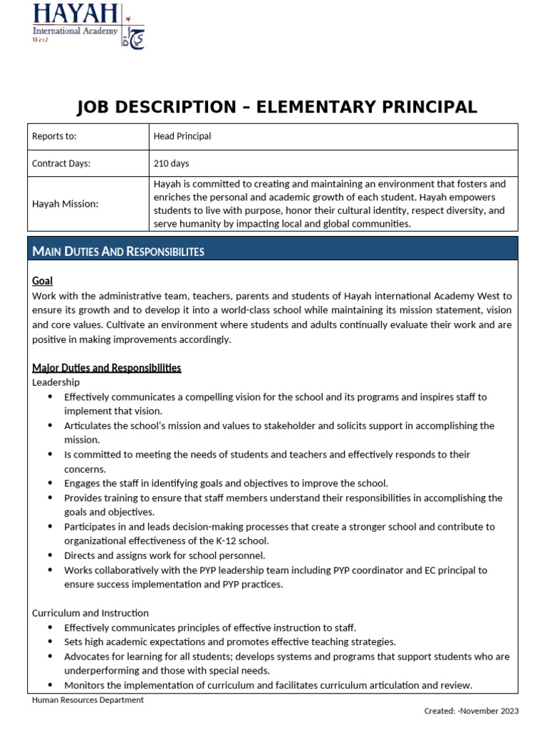 Job Description Elementary Principal Final | PDF | Teachers | Business