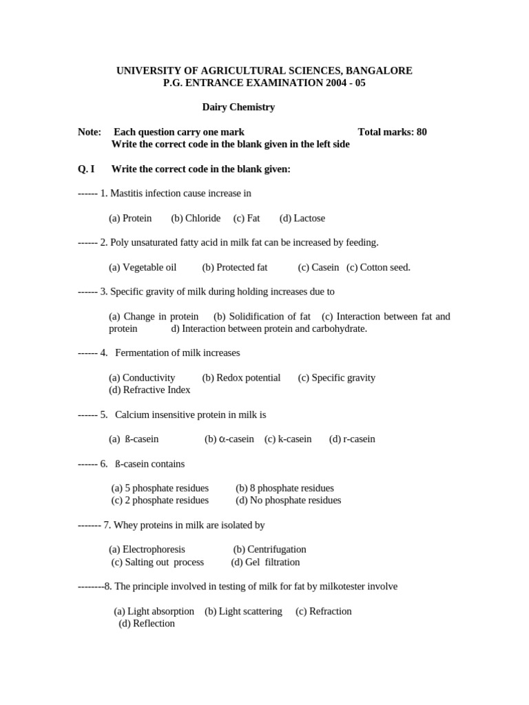Dairy Chemistry Entrance Exam Questions | PDF | Milk | Proteins