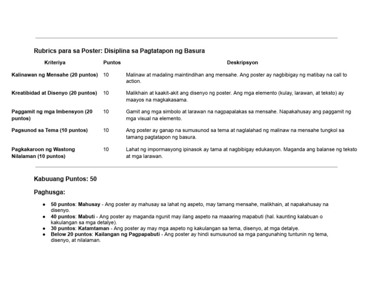 Rubrics Para Sa Poster_ Disiplina Sa Pagtatapon Ng Basura | PDF