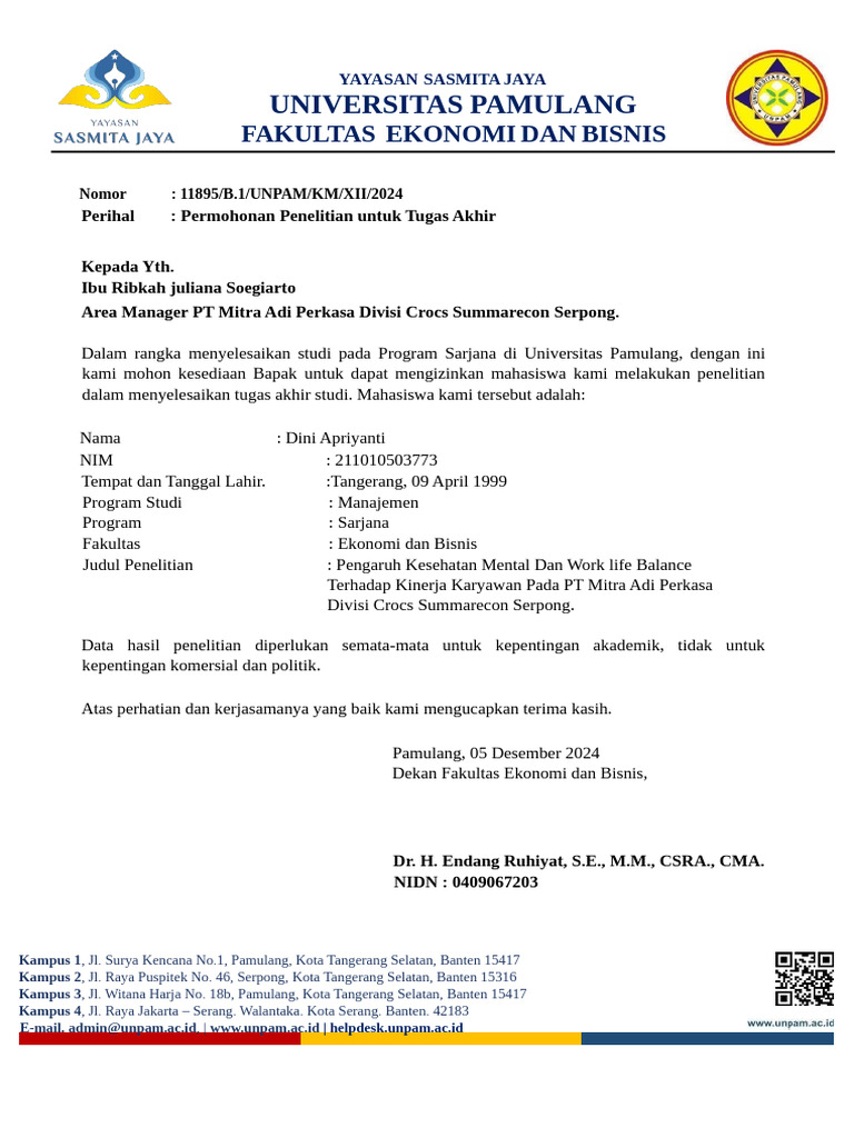 Surat Permohonan Penelitian | PDF