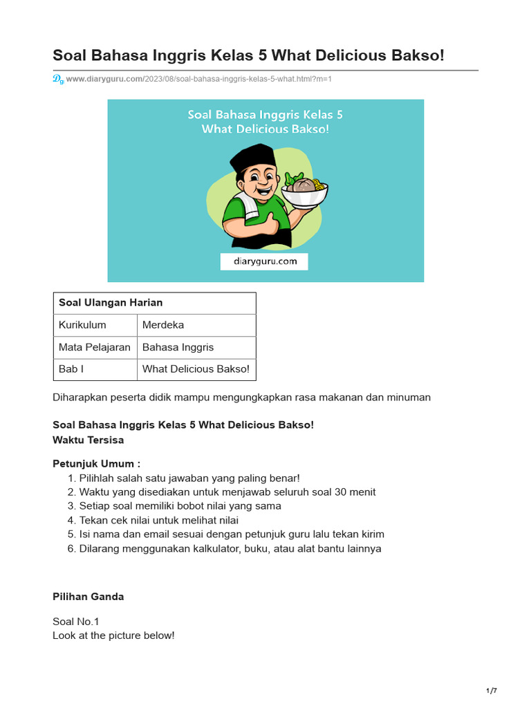 Soal Bahasa Inggris Kelas 5 What Delicious Bakso! | PDF | Taste | Senses
