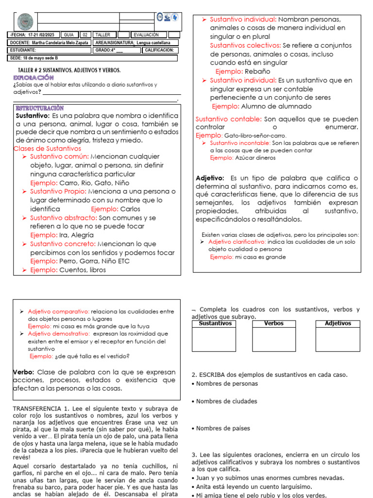 TALLER # 2 Lengua Castelllana SUSTANTIVOS ADJETIVOS Y VERBOS GRADO 4° | PDF | Sustantivo | Adjetivo
