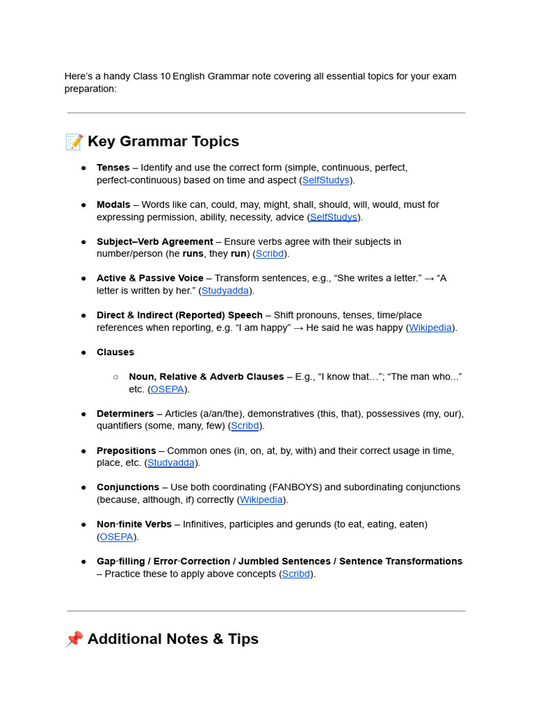 Here's A Handy Class 10 English Grammar Note Covering All Essential ...