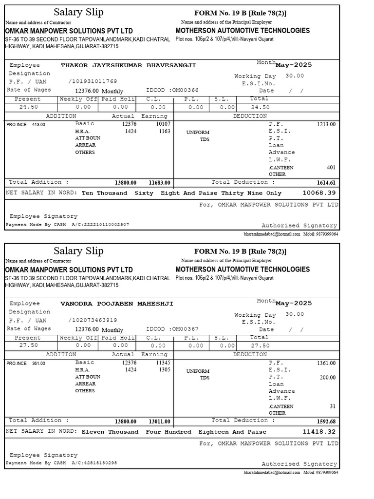 Motherson Salary Slip Details | PDF | Salary | Wage