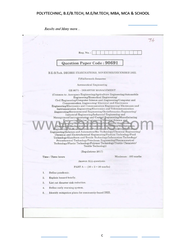 GE 8071 Disaster Management Previous Question Paper | PDF
