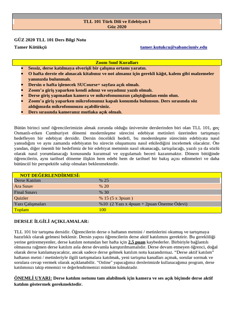 TLL 101 GÃ z2020 Ders Bilgi Notu | PDF