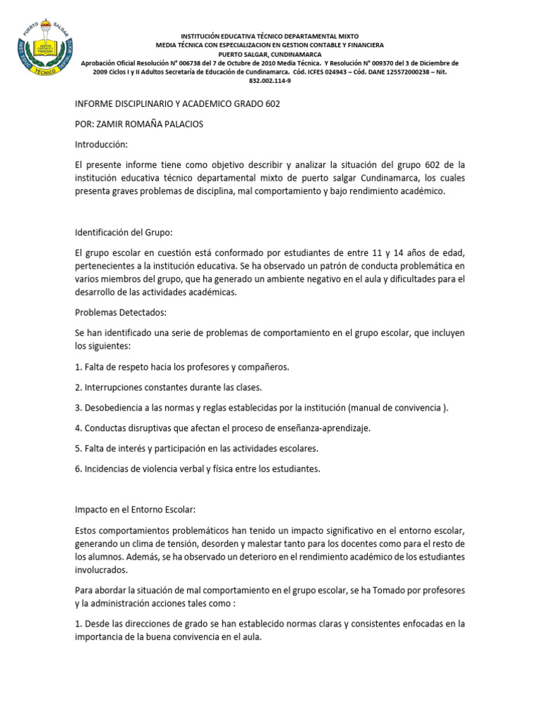 Informe Grado 602 PDF | PDF | Comportamiento | Escuelas