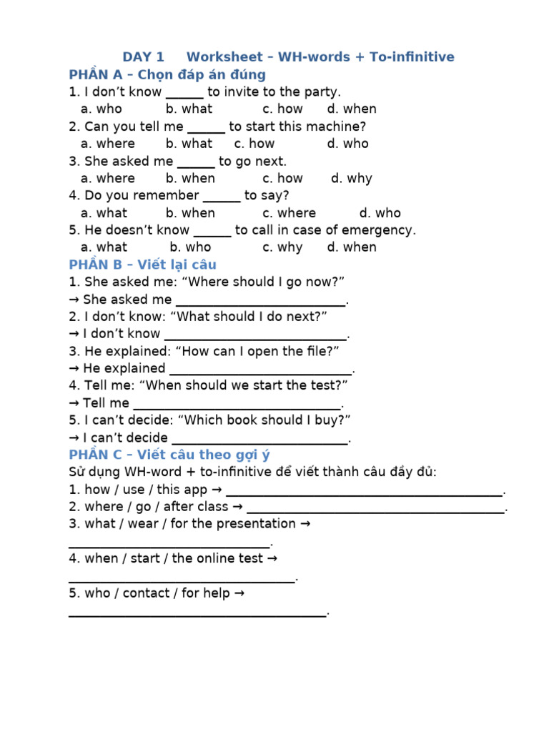 WH-Words and To-Infinitive Worksheet | PDF