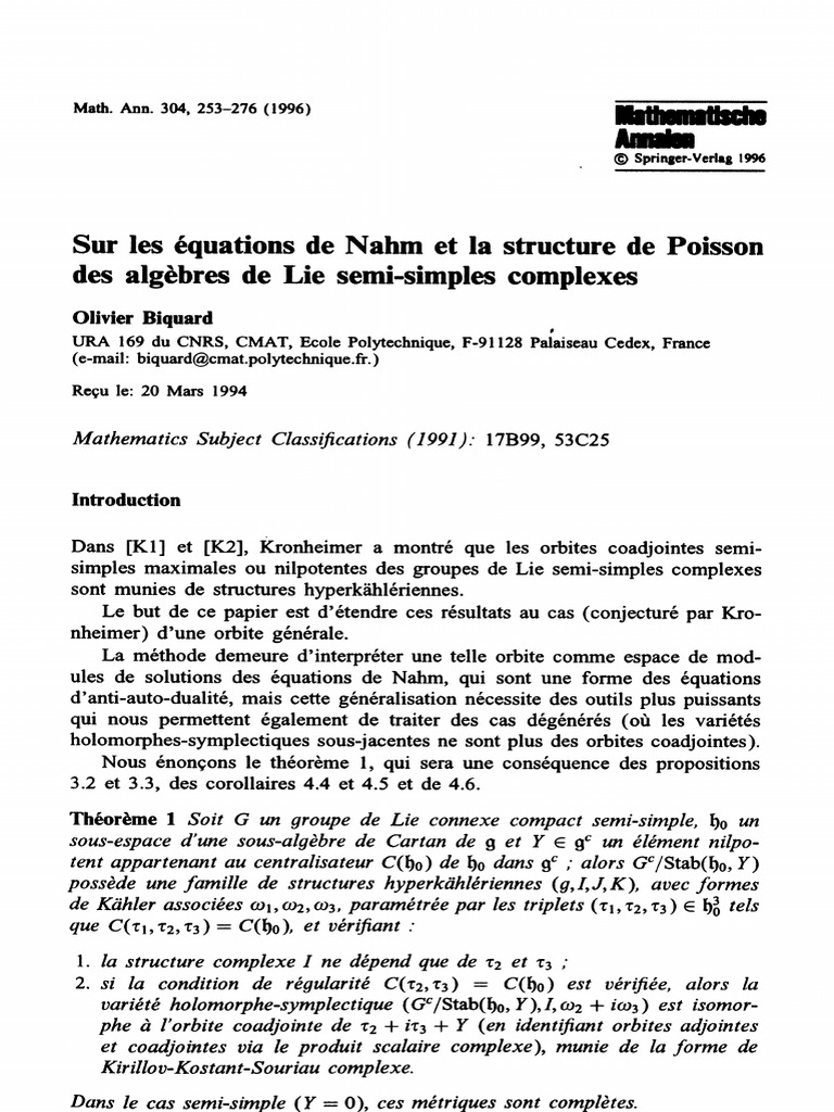 Biquard - Sur Les Équations de Nahm Et La Structure de Poisson Des ...