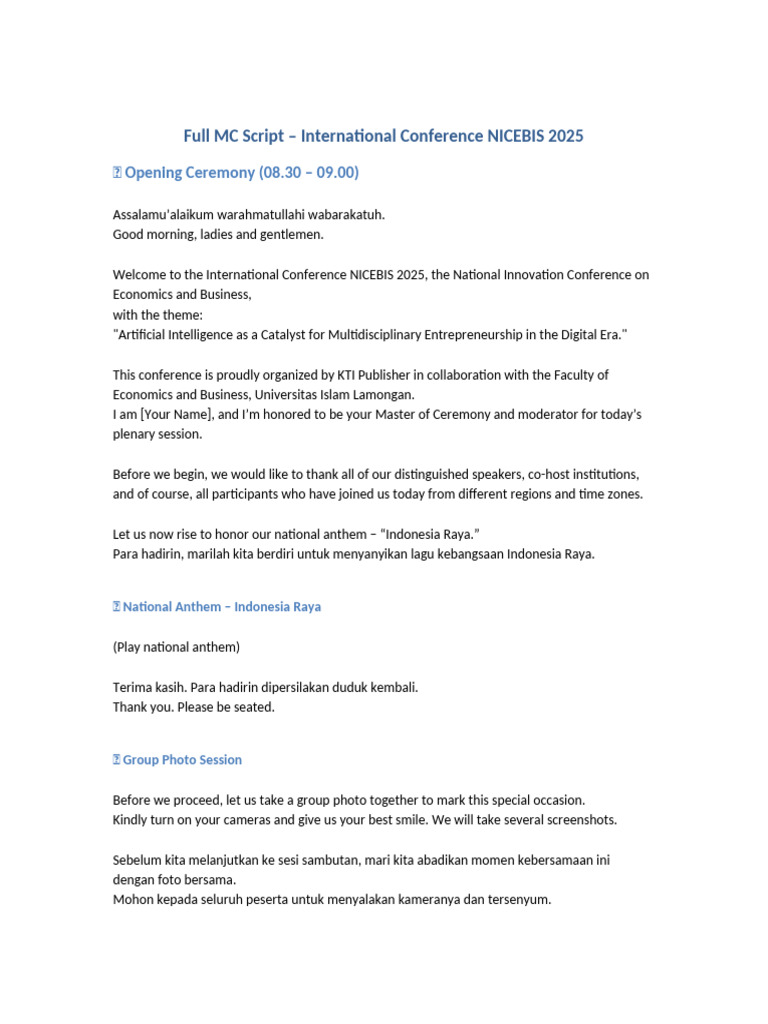 NICEBIS 2025 Conference MC Script | PDF
