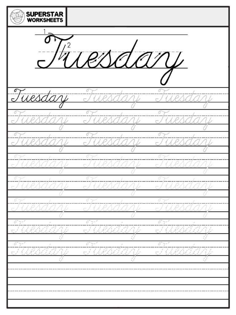 Cursive Days of The Week Worksheet Tuesday | PDF