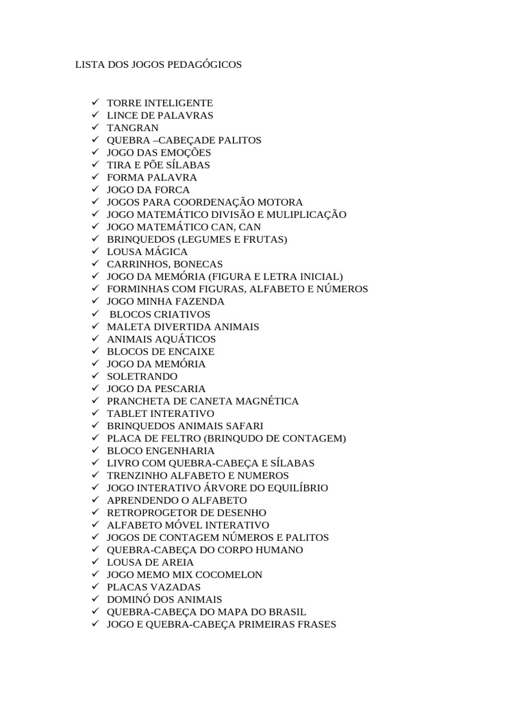 Lista Dos Jogos Pedagógicos | PDF