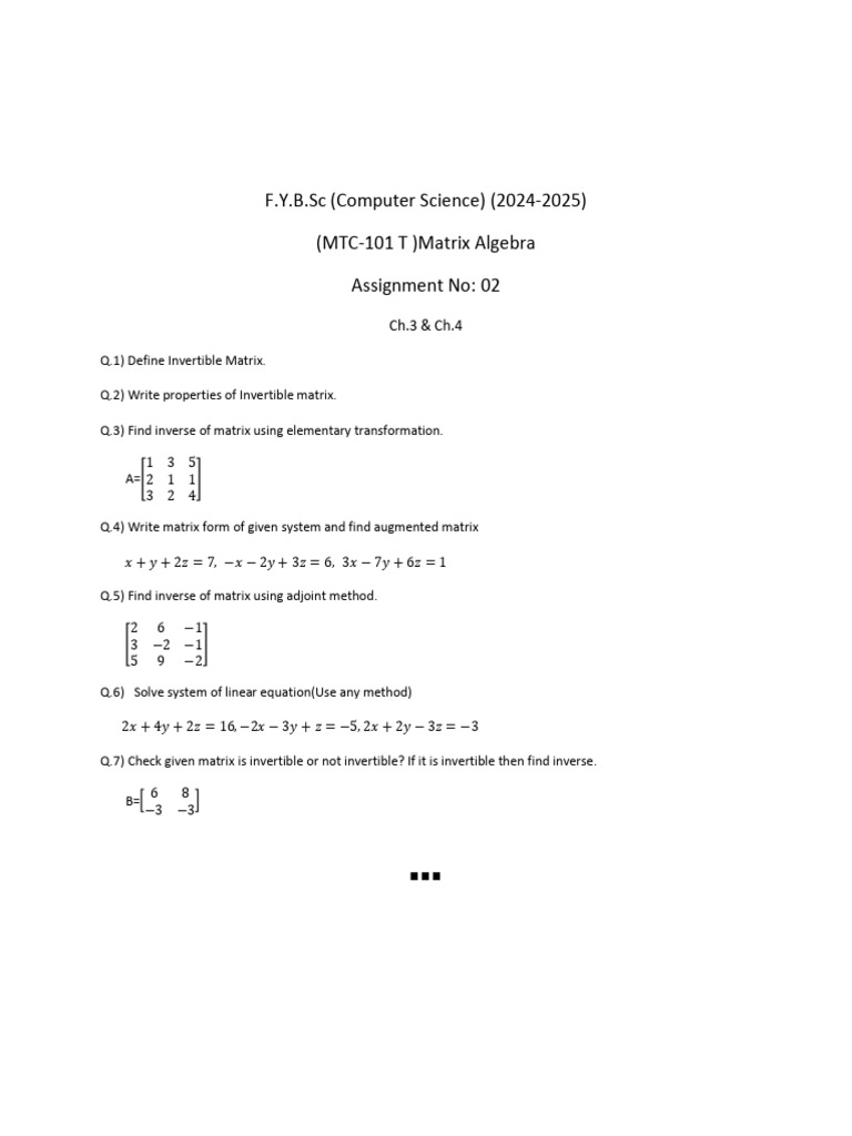 FY (Matrix Algebra) Assignment-2 | PDF