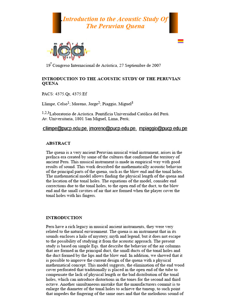 Introduction To The Acoustic Study of The Peruvian Quena | PDF | Peru