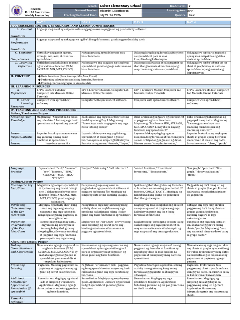 School: Grade Level: Name of Teacher Learning Area: Teaching Dates and ...