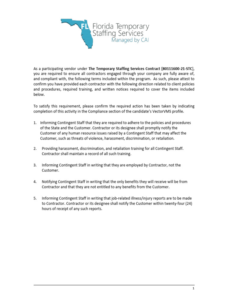 FL - Contract Policy and Training Awareness Attestation Form | PDF