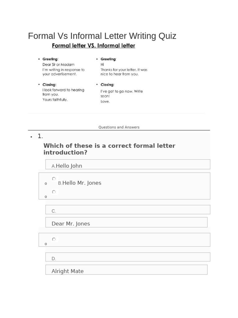 Formal and Informal Letter Writing Quiz | PDF | Madam | Human Communication
