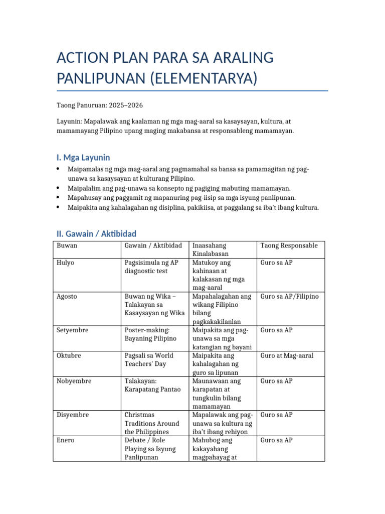 Action Plan Araling Panlipunan Elementary | PDF