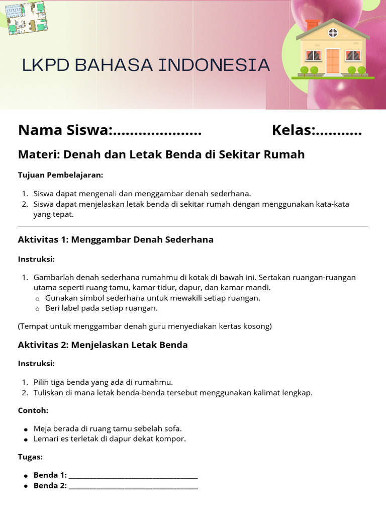 LKPD Bahasa Indonesia Kelas 1: Denah Rumah | PDF