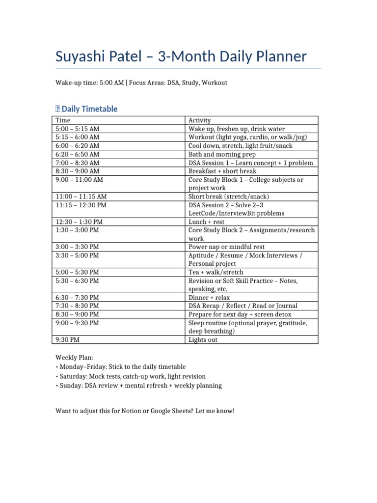 3-Month Daily Planner for DSA Study | PDF