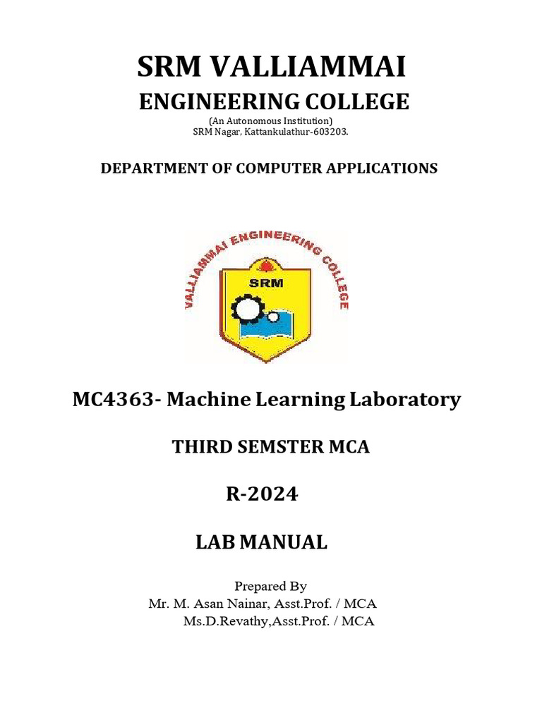 Lab Manual - MACHINE LEARNING LABORATORY | PDF | Machine Learning ...