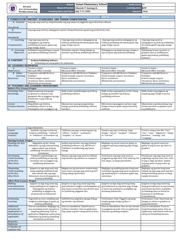 School: Grade Level: Name of Teacher Learning Area: Teaching Dates and ...