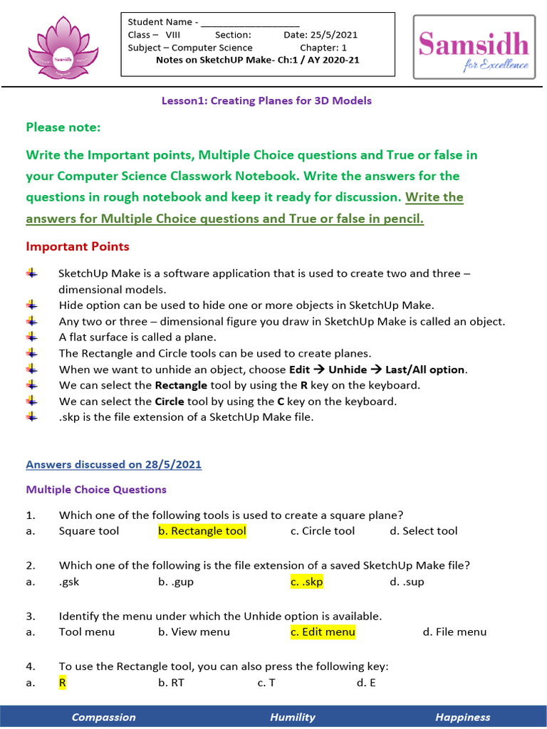Grade8 Classwork Note - Lesson1 - Answer Key | PDF | Sketch Up | Computing