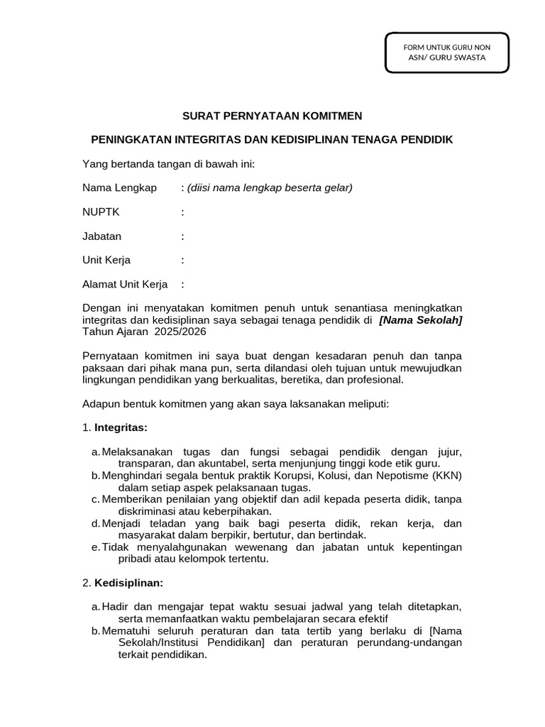 SURAT PERNYATAAN KOMITMEN Guru | PDF