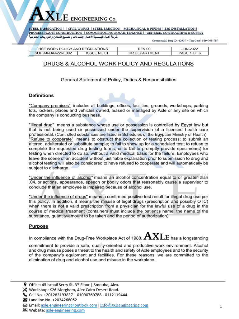 Axel Drugs & Alcohol Work Policy 2022 - Rev.00 | PDF | Substance Abuse | Social Aspects Of ...